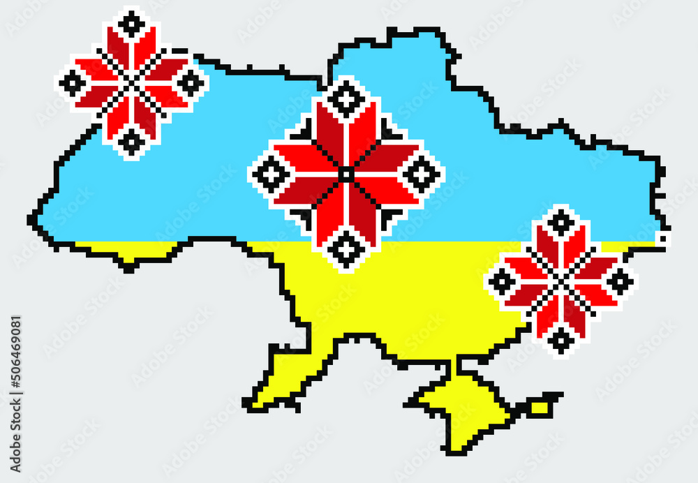Ukraine map in traditional embroidery pattern colors - blue, yellow ...