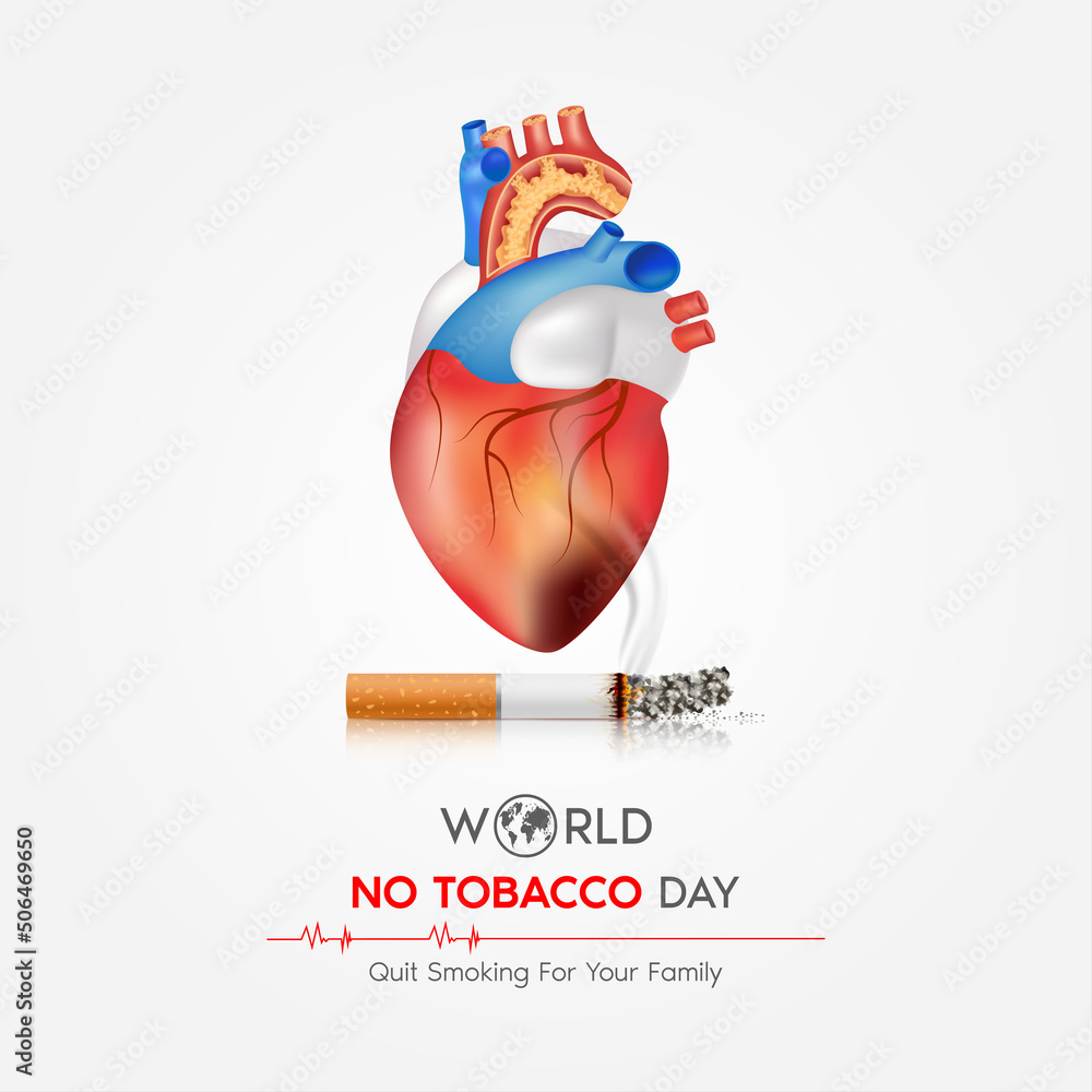 World No Tobacco Day. Heart bit line and cigarette. Dangers of smoking ...