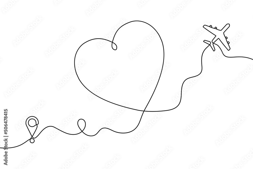 Continuous one line drawing of airplane path in heart form. One single ...
