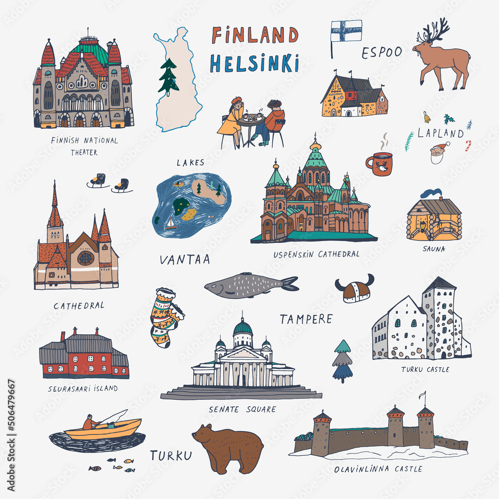 Finland Helsinki architecture objects, travel vector illustrations set ...
