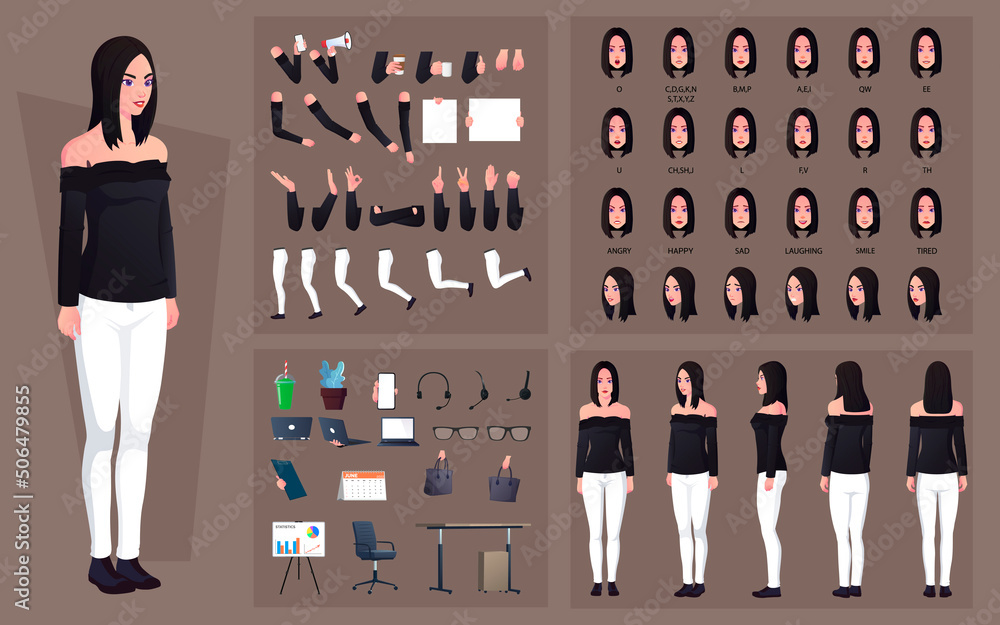 Business Woman Character Creation Kit with Emotions and Poses Vector ...