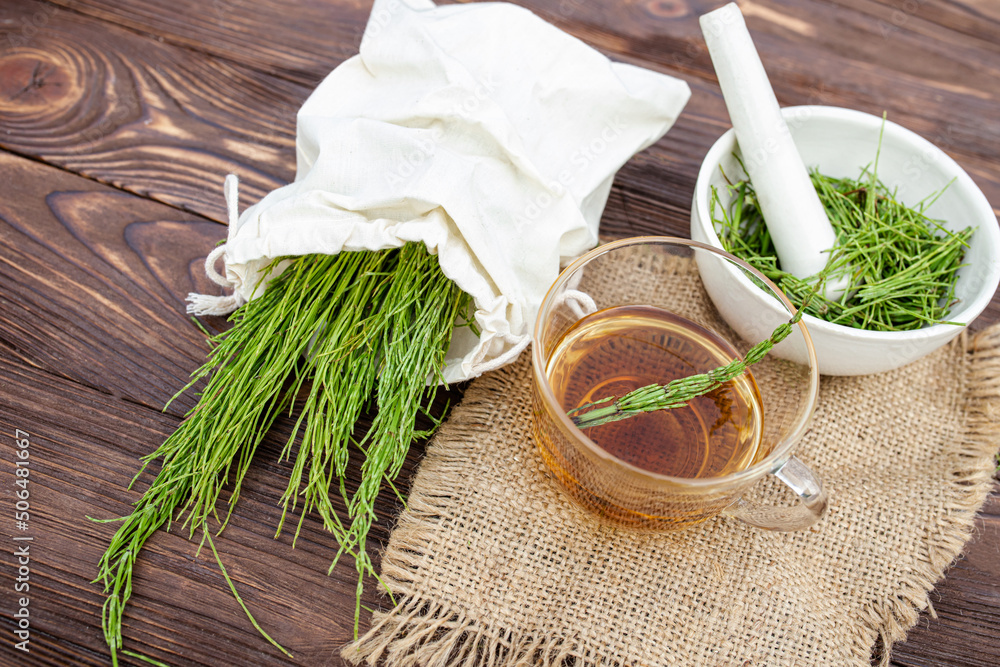 Bag of horsetail. cup of tea from horsetail, made from fresh potion ...
