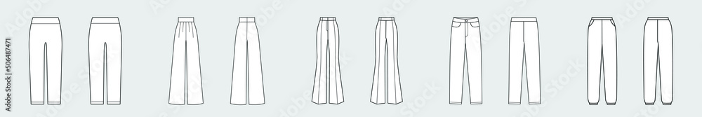 Pants, trousers, jeans. Set of female vector templates isolated on a ...