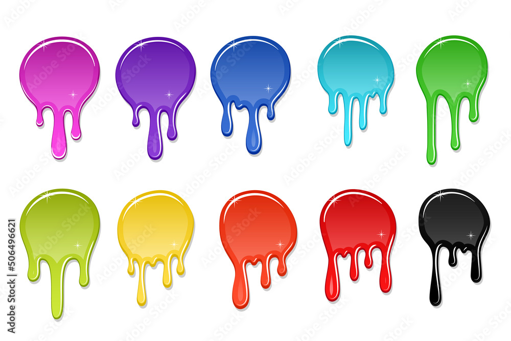 Drip paint spot 3D set isolated white background. Rainbow blob ink ...
