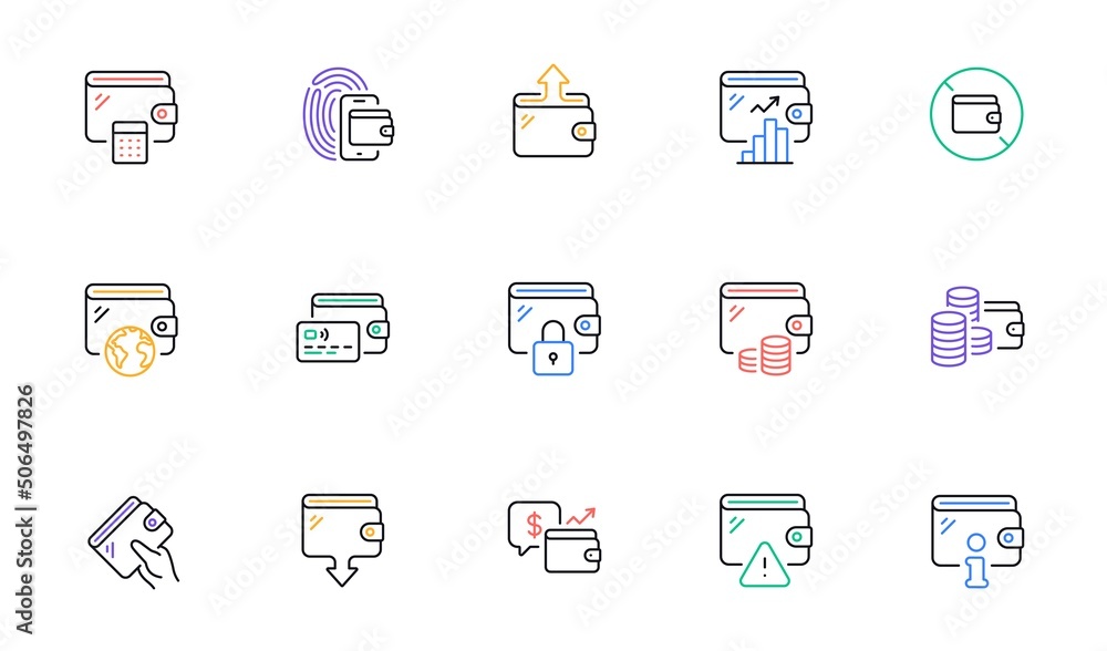 Wallet line icons. Money transfer, Credit card payment, Withdraw funds ...