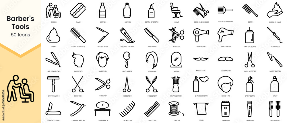 Set of Barber's Tools icons. Simple line art style icons pack. Vector ...