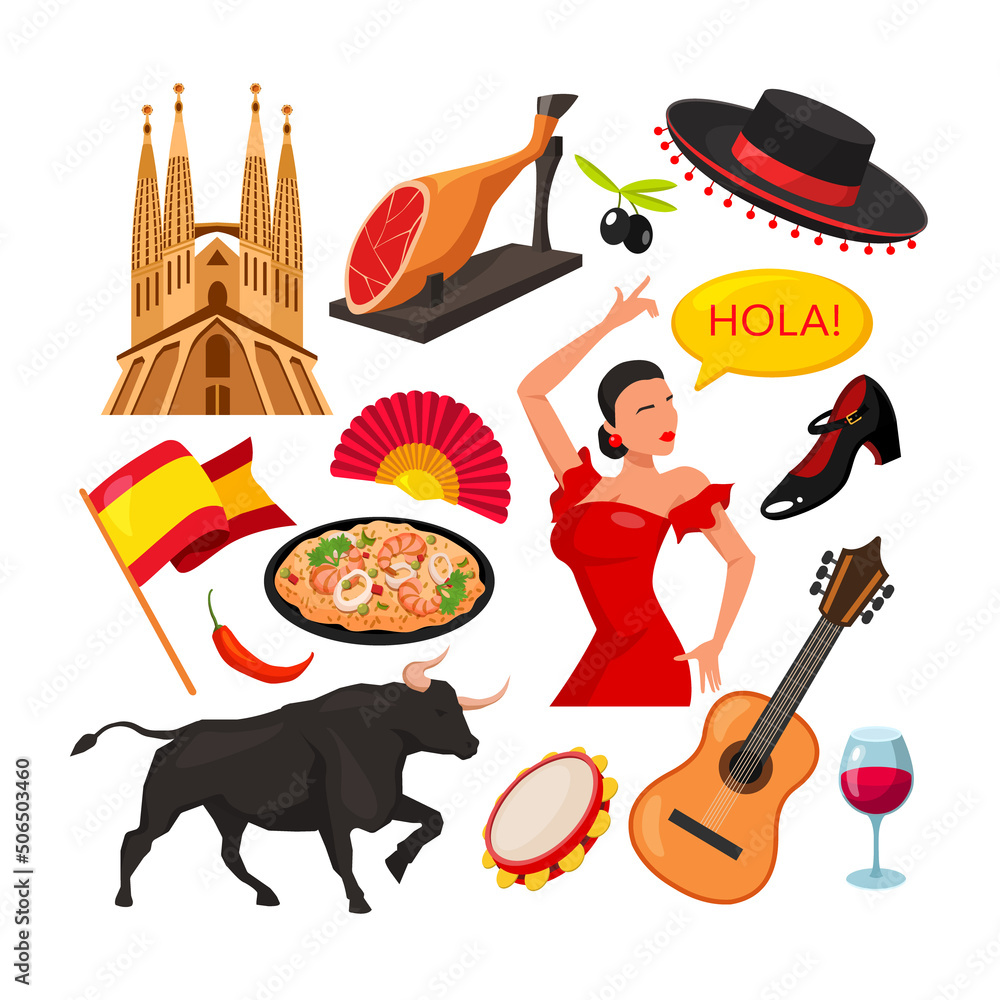 Set of more than 12 Spanish symbols: bull, guitar, paella, wine, olives ...