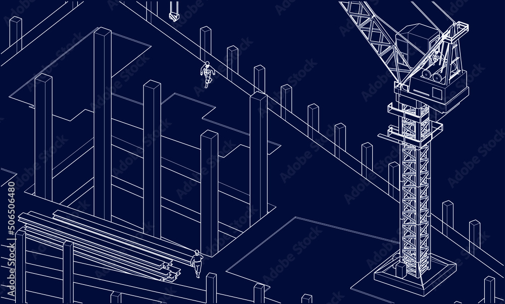 under construction site engineering tower crane 3D illustration line ...