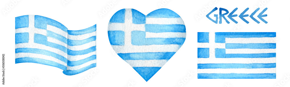 Watercolor Flag of Greece set, hand drawing illustration on white ...