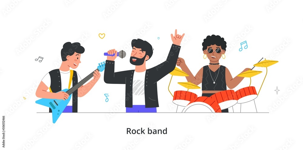 Group portrait of music band. Brutal team of musicians and vocalists ...