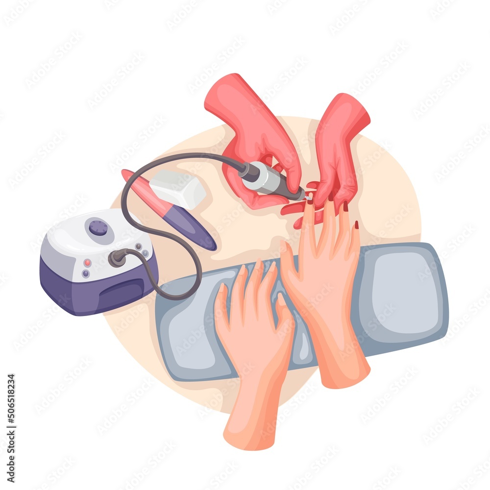 Manicure master removing nail polish in salon vector isolated illustration. Nail service for ...