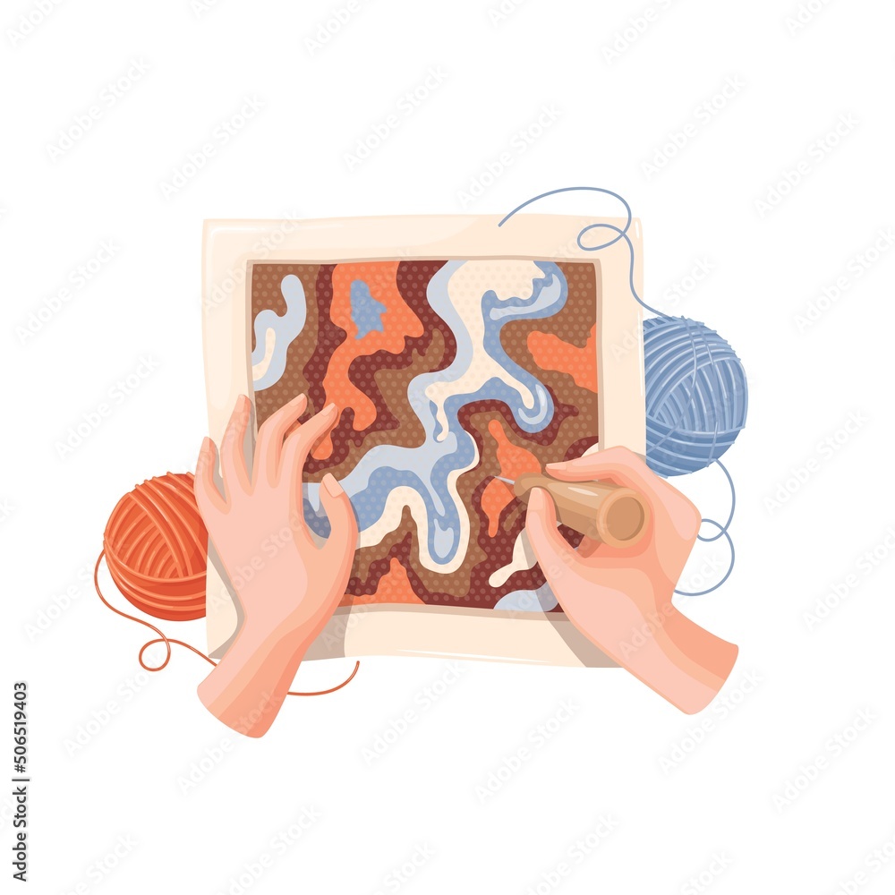 Hands making tufting carpet on fabric vector character isolated ...