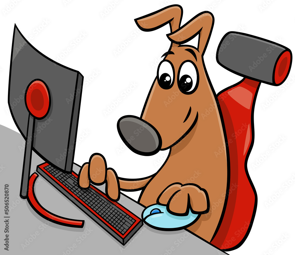 cartoon dog comic animal character with computer Stock Vector | Adobe Stock