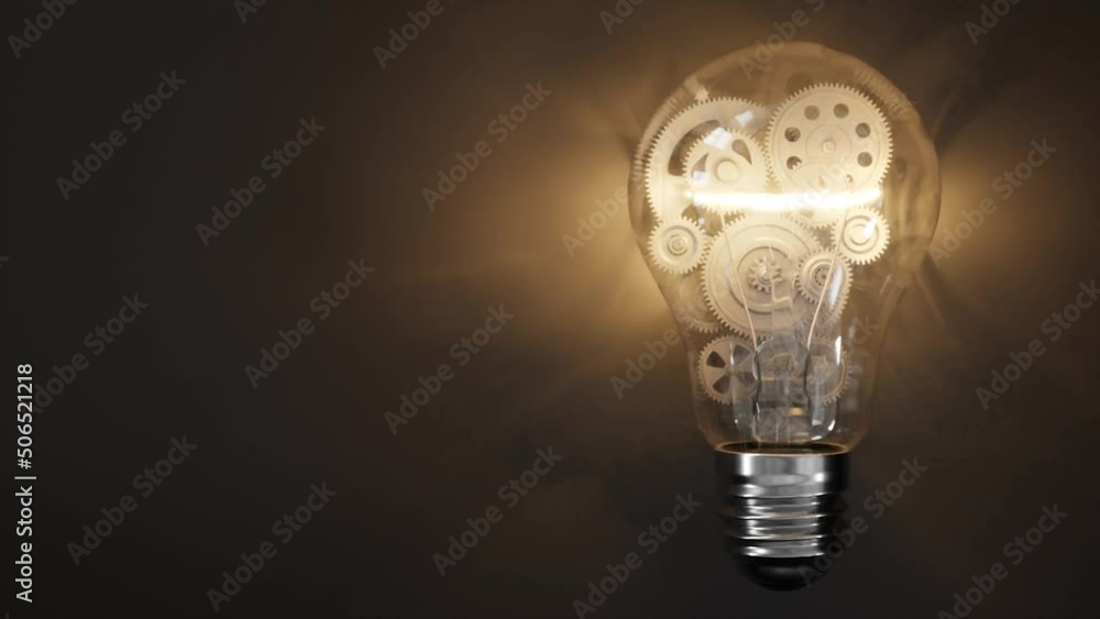 Gears rotate inside bulb. Creativ idea mechanism. 3d render animation ...