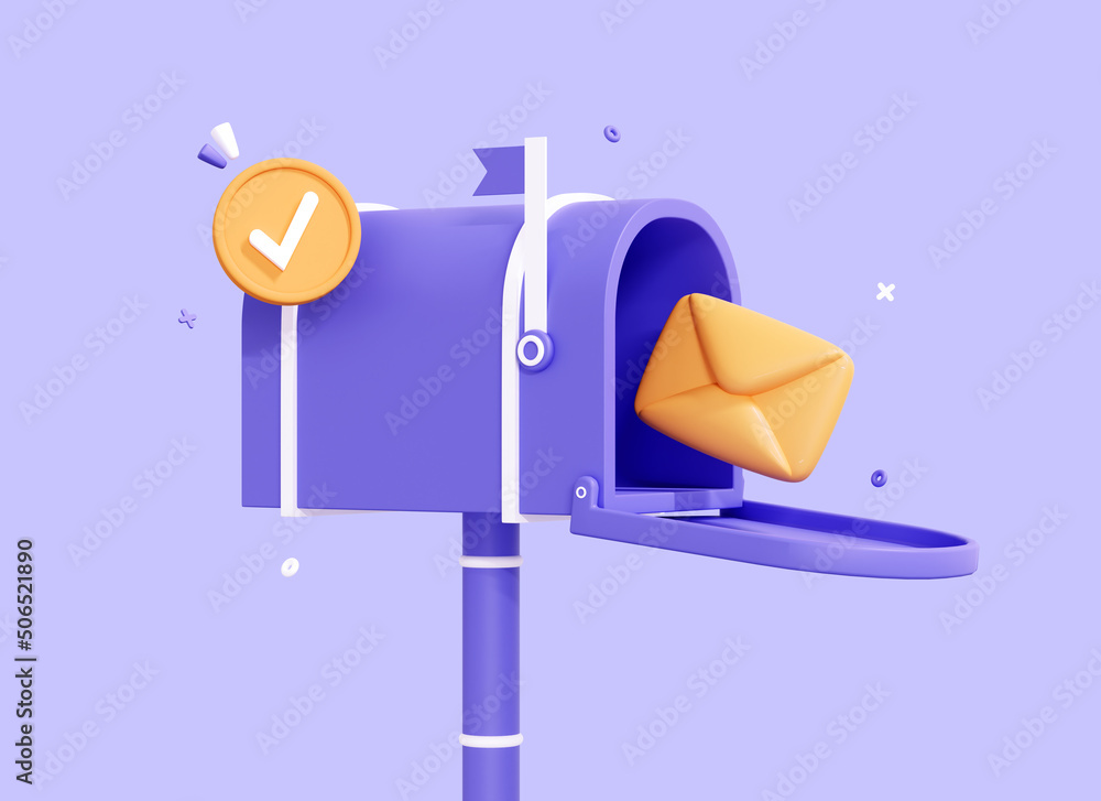 3D Cartoon Mailbox with letter in envelope and check mark. Confirmed ...
