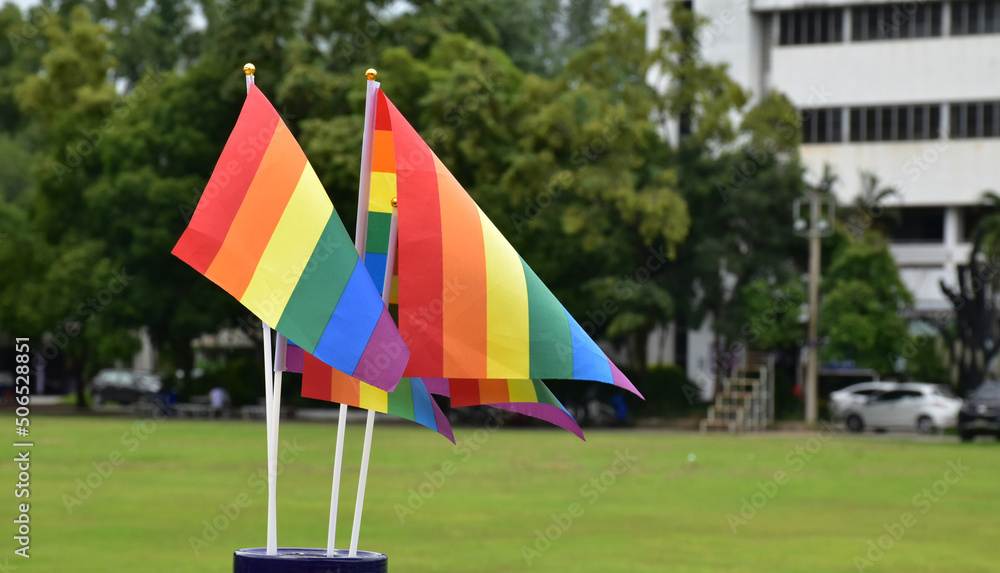 Rainbow flags, symbol of lgbt gender diversity, showing in front of ...