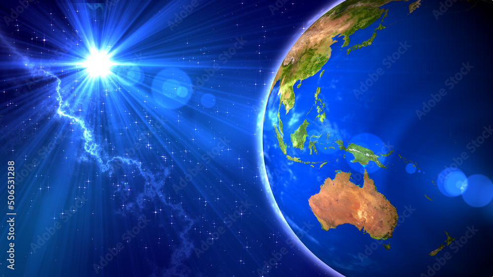 Half View Earth Planet On Bright Blue Sunshine Starry Sky Outer Space ...