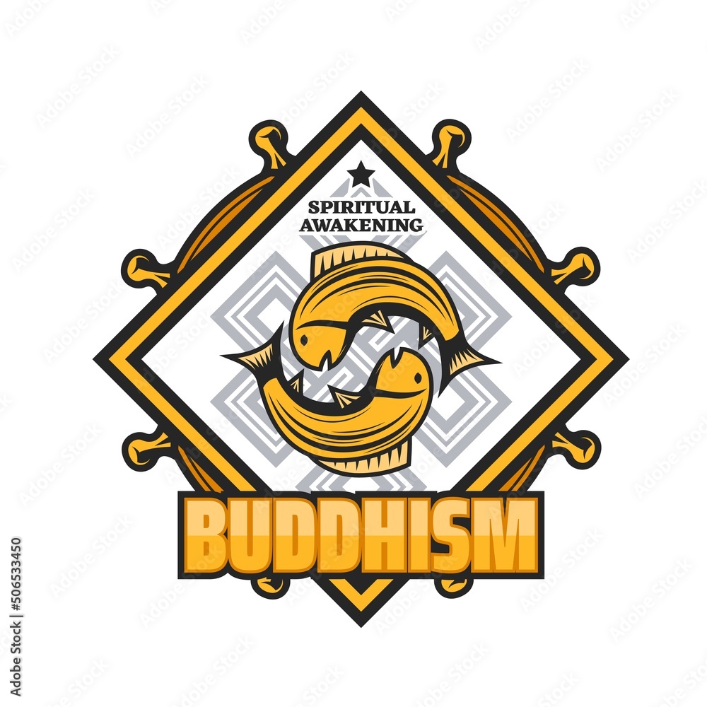 Buddhism religion icon with vector koi carp fish, dharma wheel and ...