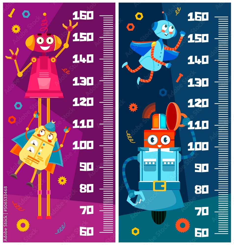 Kids height chart. Cartoon funny robots. Height centimeters scale ...