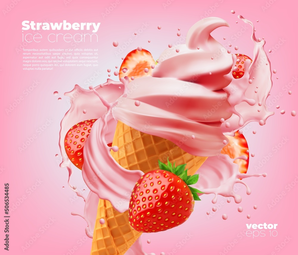 Soft Strawberry Ice Cream Cone With Swirl Splash Vector Ads Promo