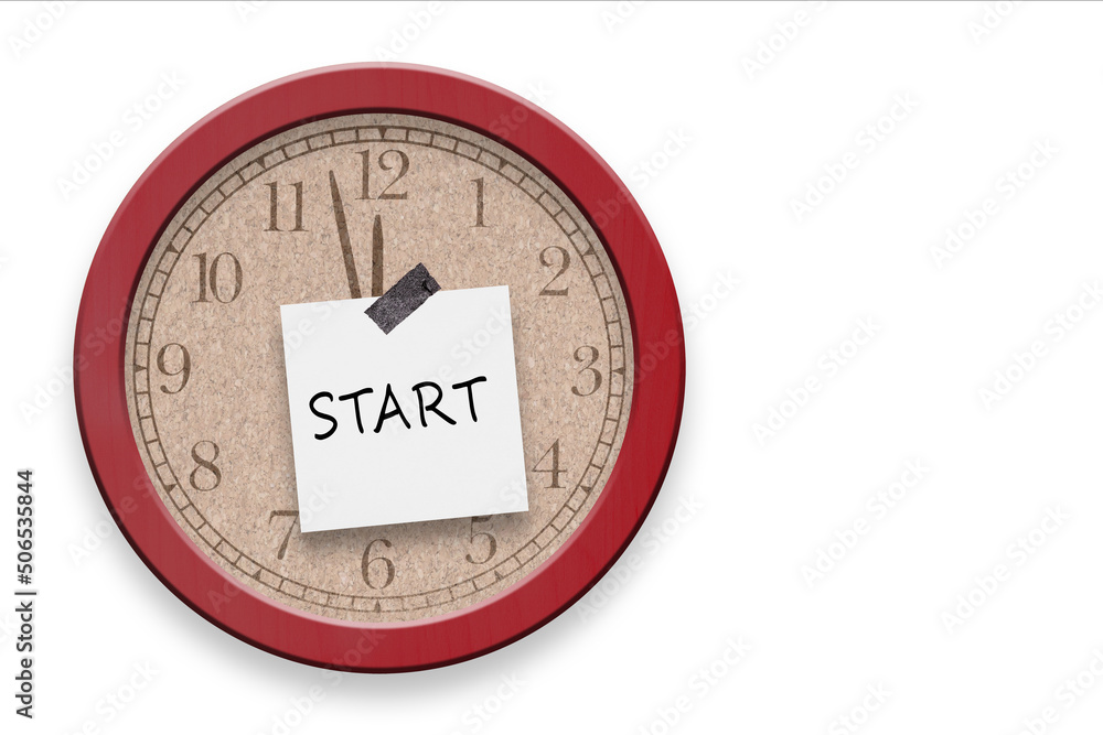 Start sticky note on clock bulletin board isolated on white background ...