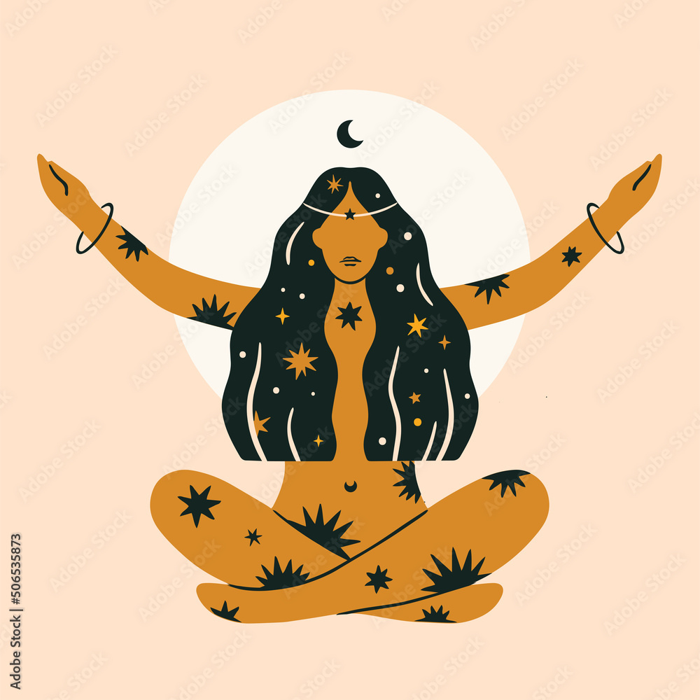 Young spiritual woman sitting with legs crossed and arms raised to the ...