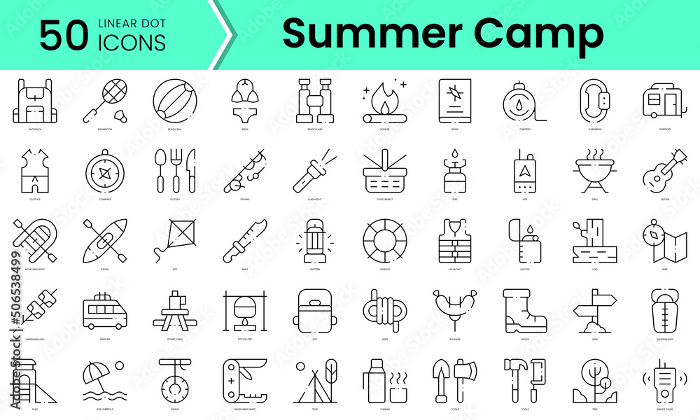 Set of summer camp icons. Line art style icons bundle. vector ...