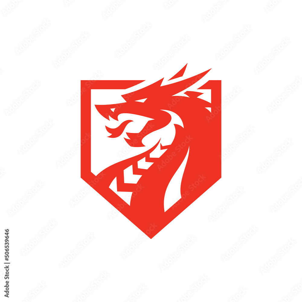 Dragon head and shield badge crest logo design, dragon mascot vector ...