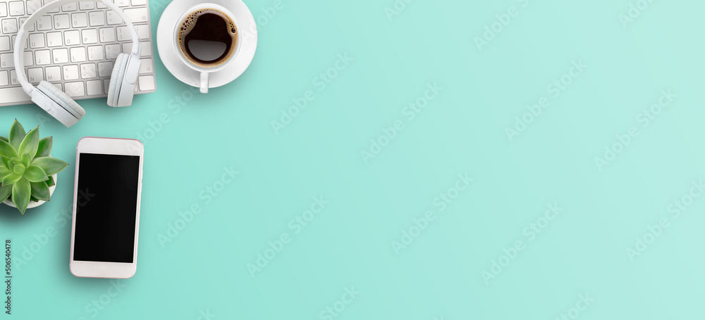 Top view with call center desktop,headset,smartphone and accessories on ...