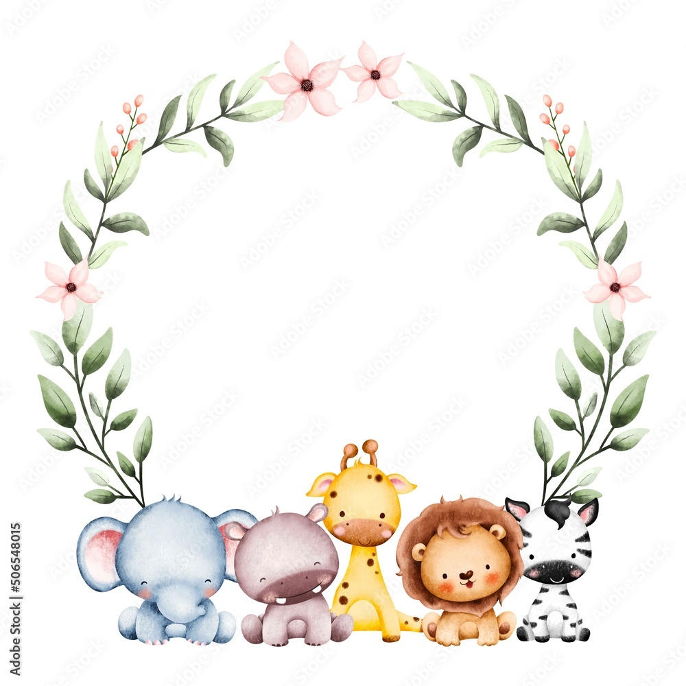 Watercolor Illustration Cute Baby Animal Frame template Stock Vector ...