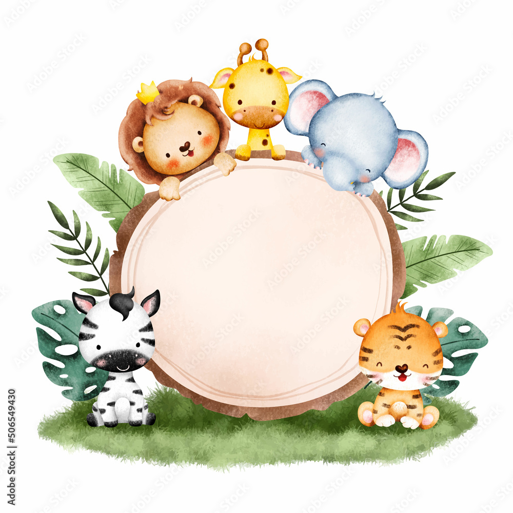 Watercolor Illustration Cute Baby Animal Frame template Stock Vector ...