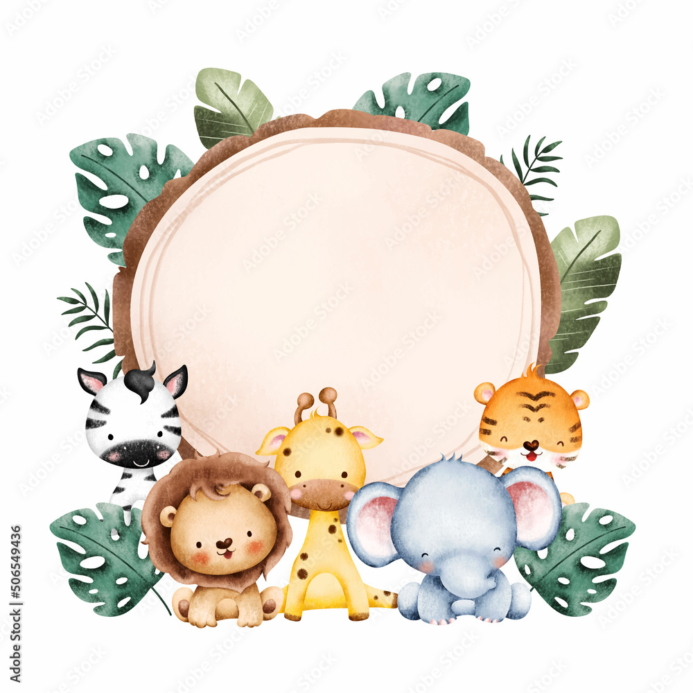 Watercolor Illustration Cute Baby Animal Frame template Stock Vector ...