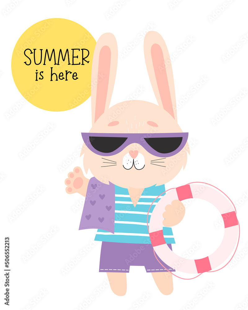Summer Card With Cute Beach Bunny In Sunglasses With Lifebuoy Vector