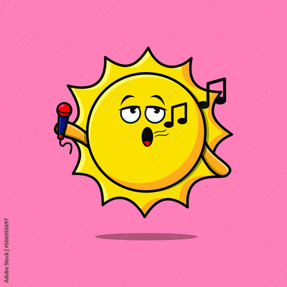 Cute cartoon sun singer character holding mic in 3d modern style design ...