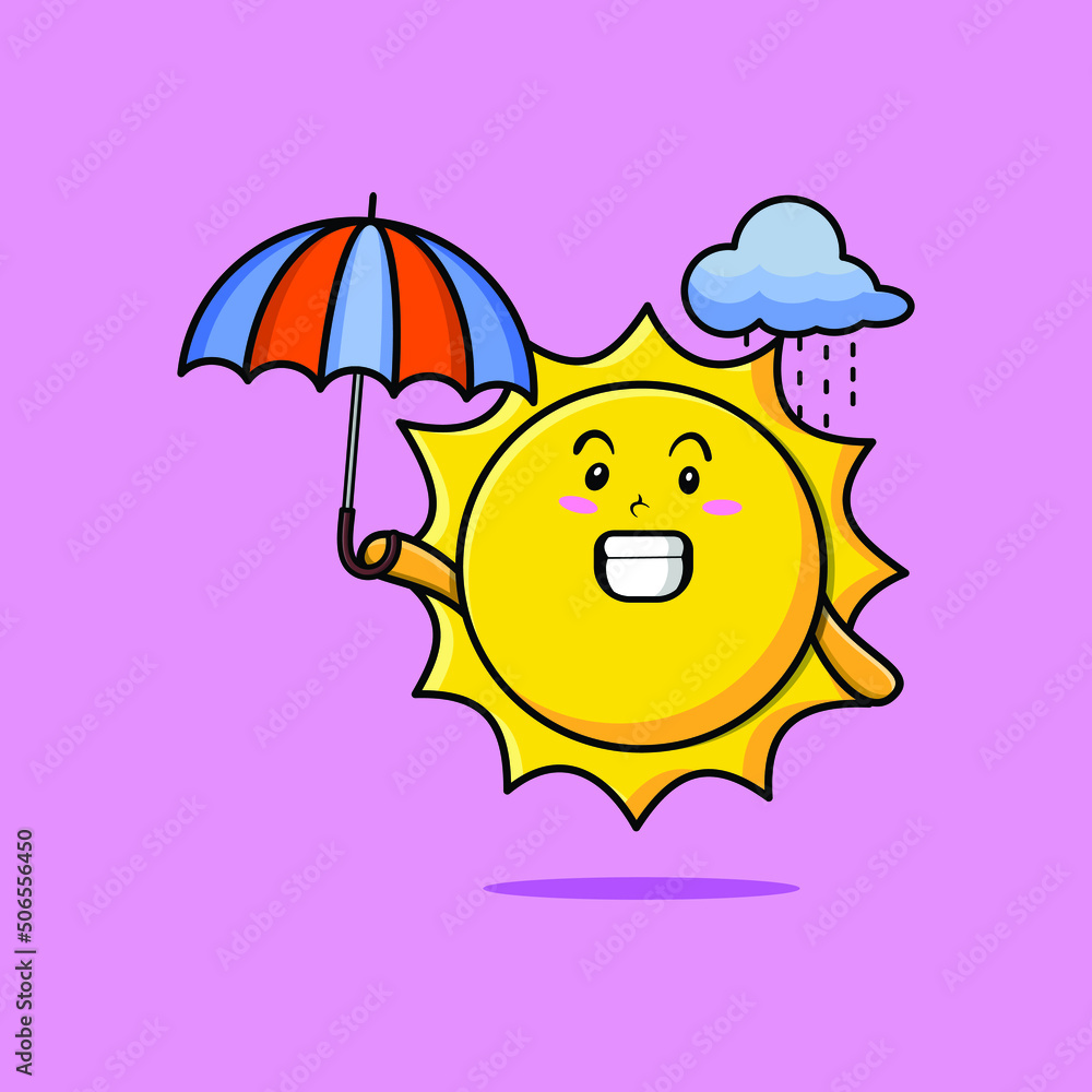 Cute cartoon sun character in the rain and using an umbrella in 3d ...