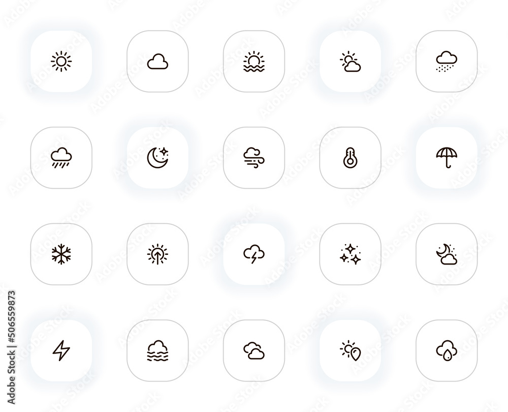 Weather and climate line icons set. Sun, cloud, rain, moon, wind, storm ...