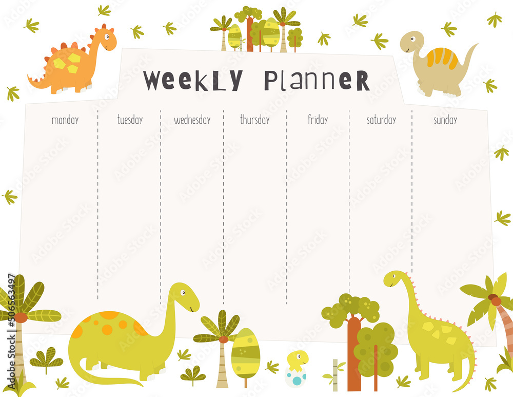 Dinosaurs Weekly Planner with Cute Dinosaurs and jungle palm trees on ...