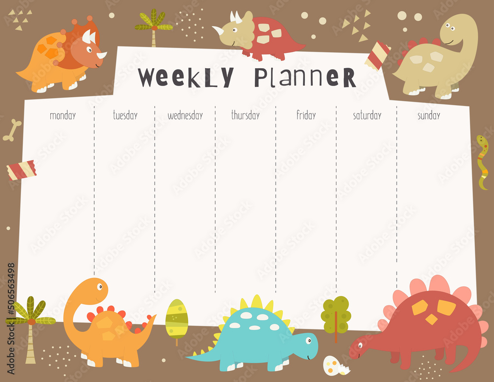Dinosaurs Weekly Planner with Cute Dinosaurs and jungle palm trees on ...