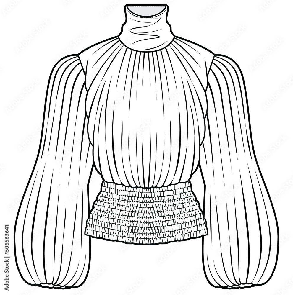 women puff long sleeve high neck blouse with ruching, shirring details ...