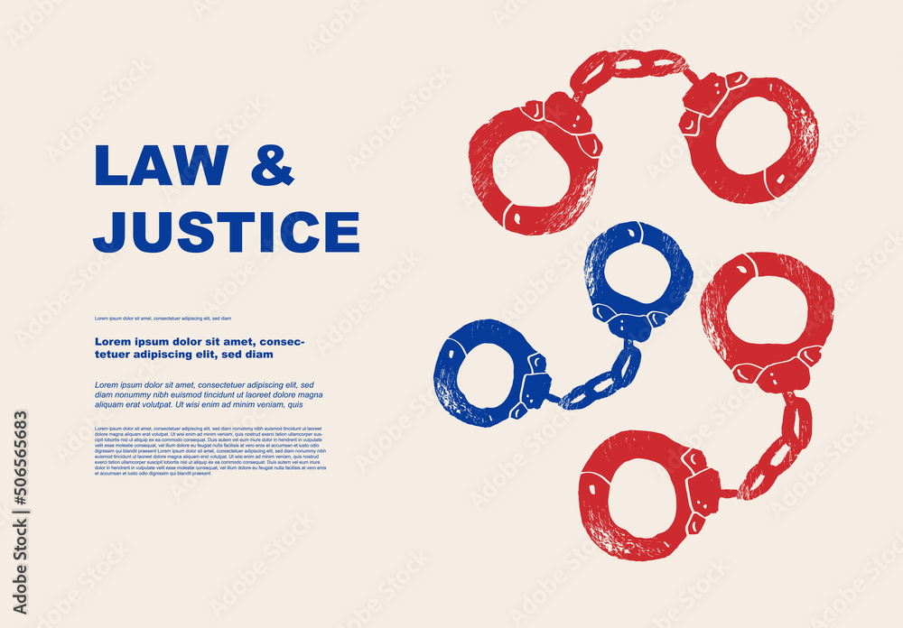 Handcuffs. Concept of law justice. Set of posters of jurisprudence in a ...