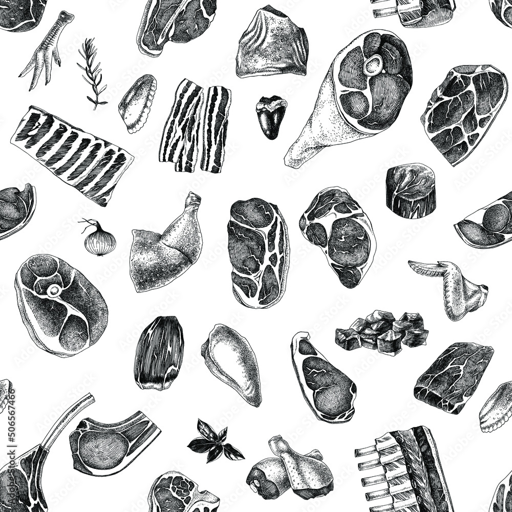 Seamless pattern with different meat products. Vector illustration made ...