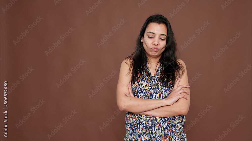 Disappointed person shaking head in disapproval on cameram, expressing ...