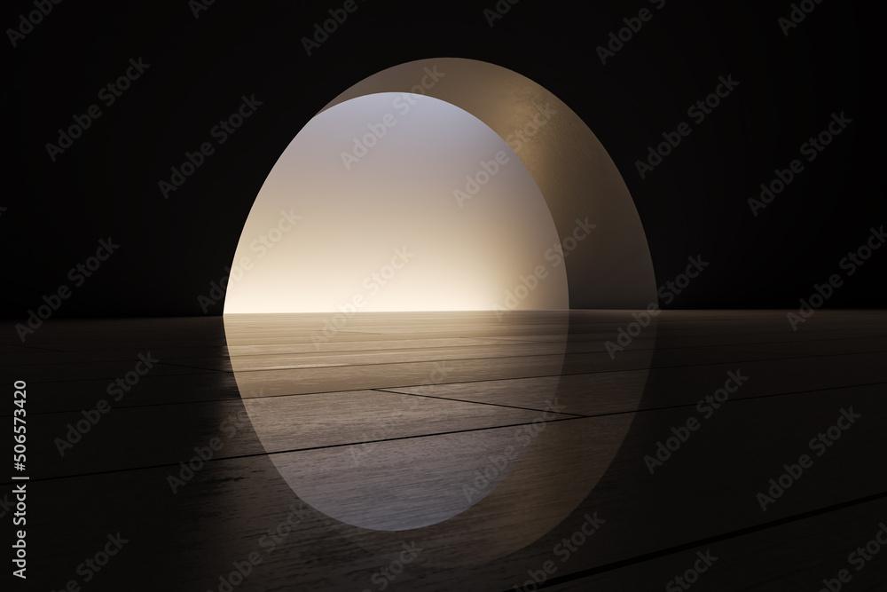 Abstract dark round exit or entrance sphere with light, reflections and ...