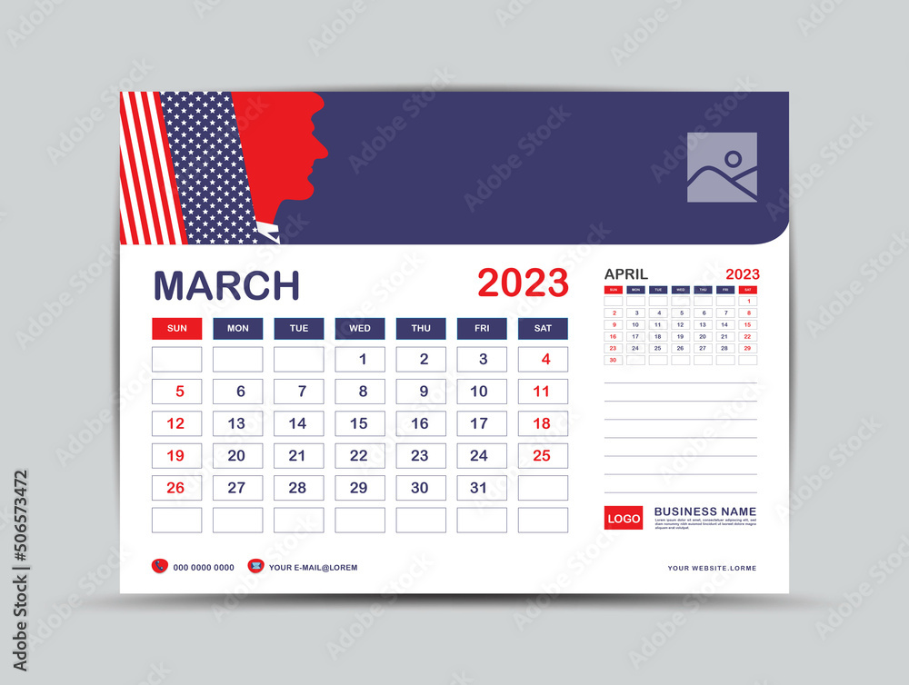 Calendar 2023 design, March 2023 template, desk calendar 2023 year, Usa ...