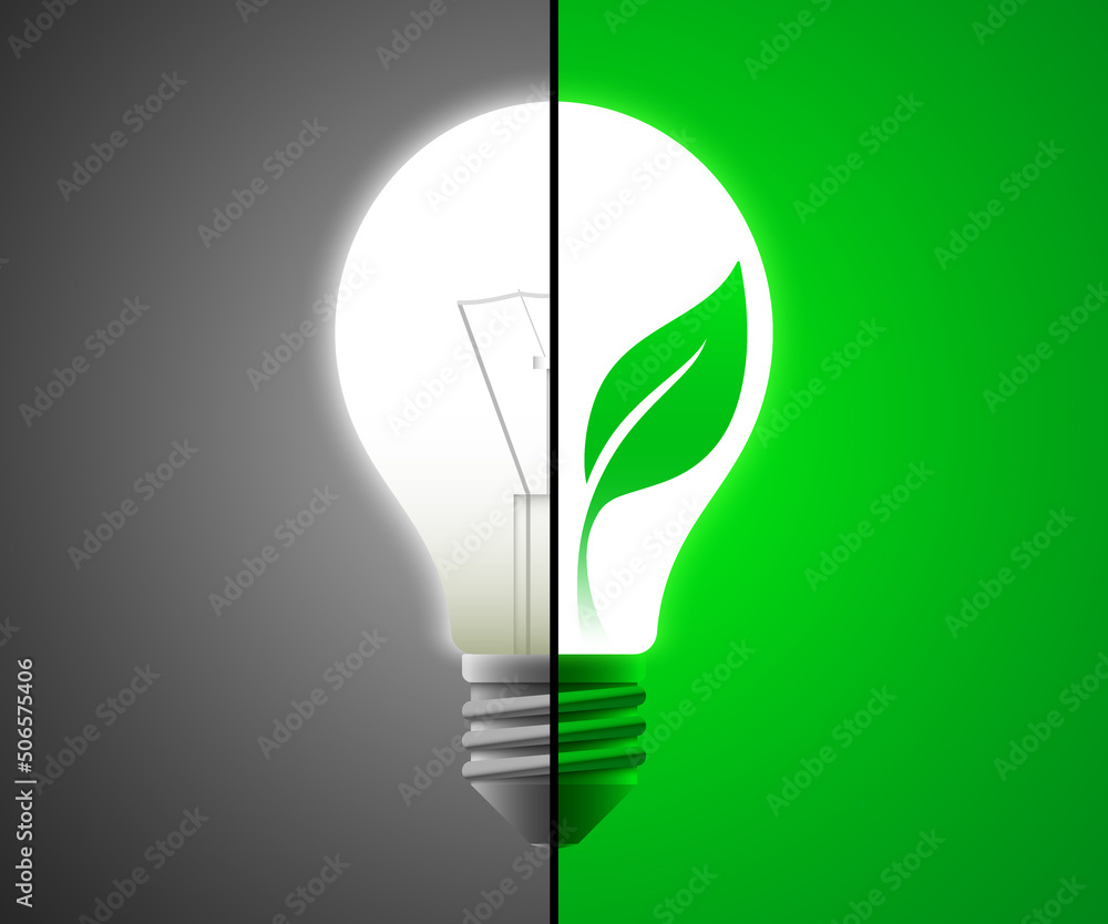 Eco light bulb with a leaf, compared to regular old bulb. Clean green energy concept vector ...