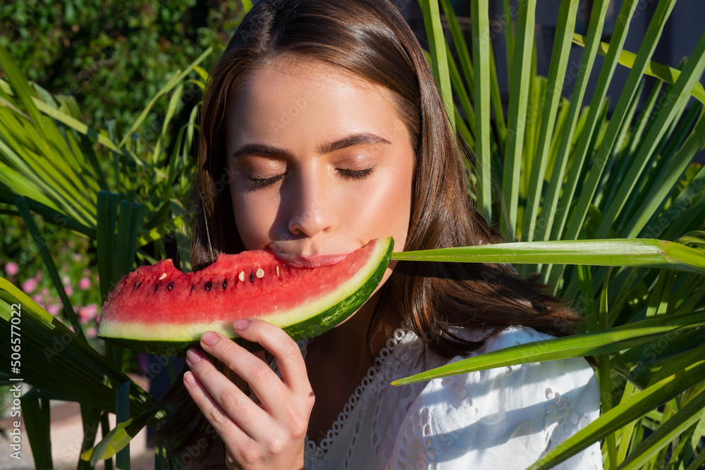 Sexy Girl Eating A Watermelon Outdoor Portrait Of Beautiful Young