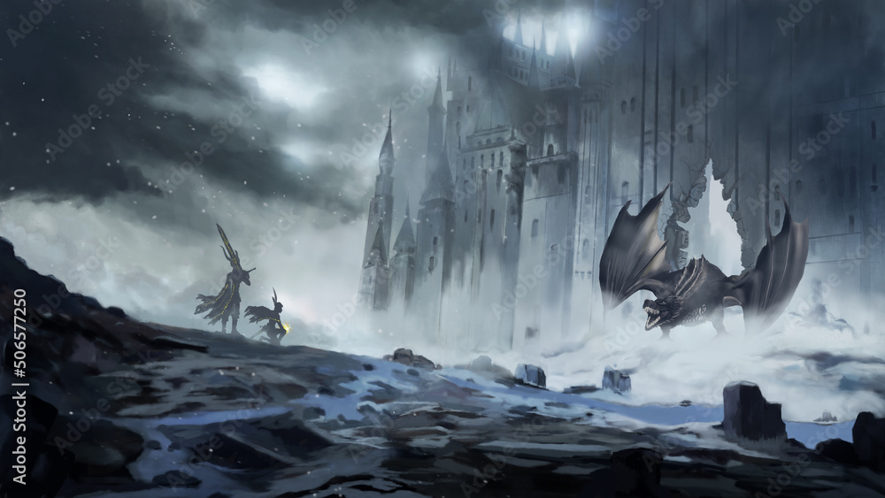 Knight and wizard stand confront dragon prepares to fight. Dragon tale ...