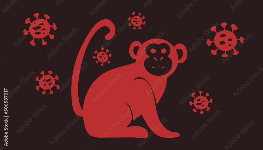 Vector illustration of monkey icon with virus cells. new Monkeypox 2022 ...