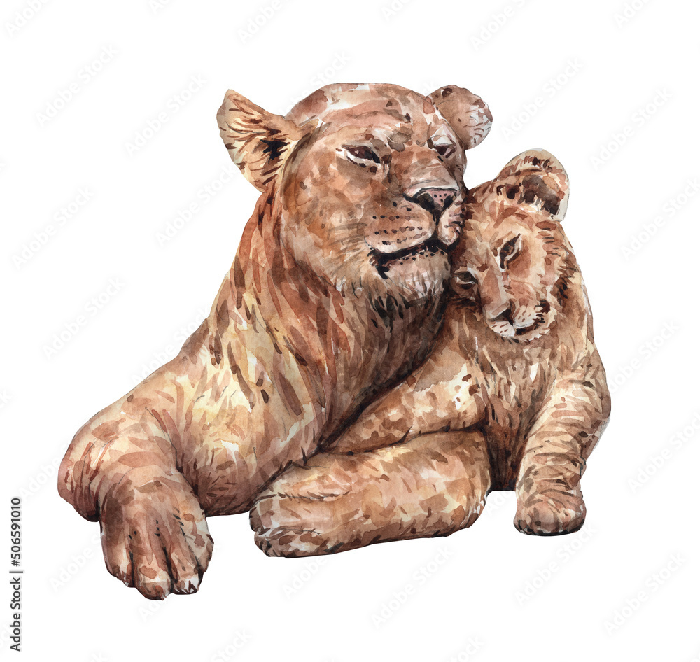 Watercolor Lion for Baby Shower, Mom and baby lion Print, Lion paint ...