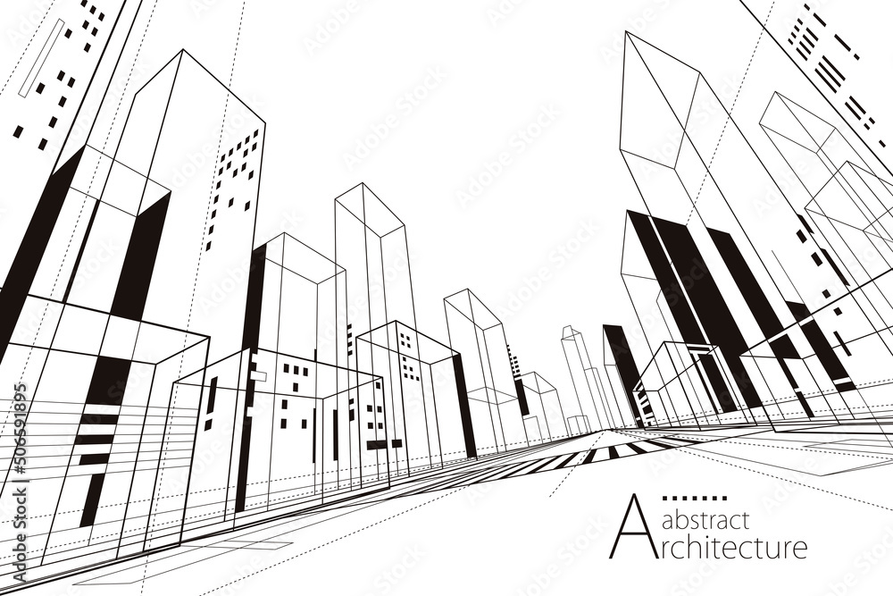 3D illustration linear drawing. Imagination architecture urban building ...